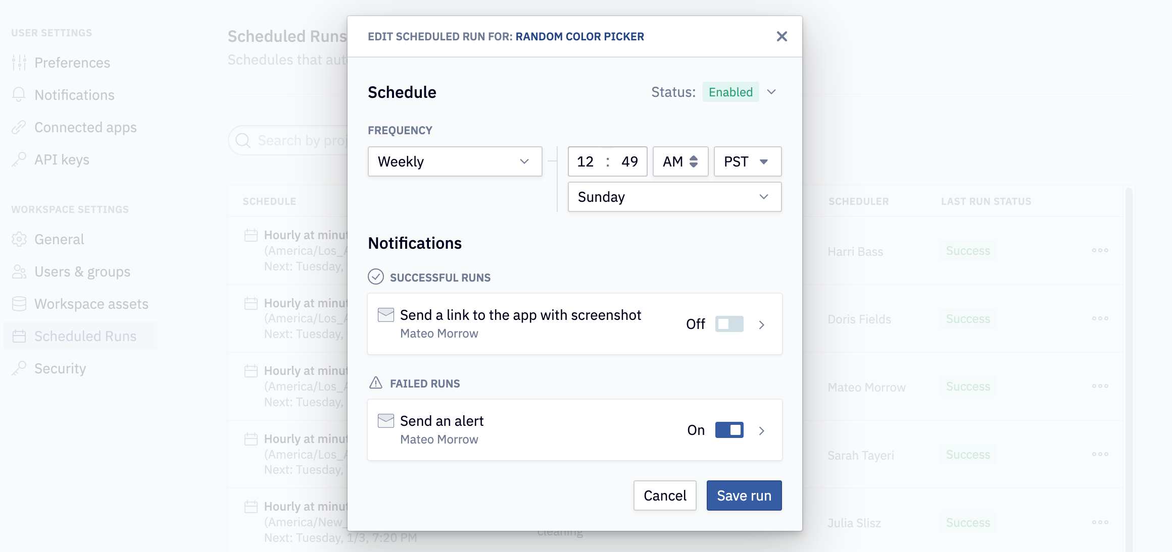 Workspace scheduled runs | Learn | Hex Technologies
